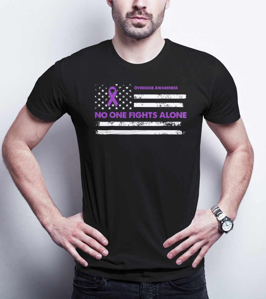 Overdose Awareness Purple Ribbon No One Fights Alone Flag T-Shirt