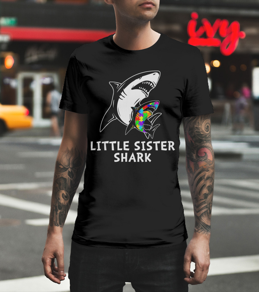 Little Sister Shark Autism Puzzle Awareness T-Shirt