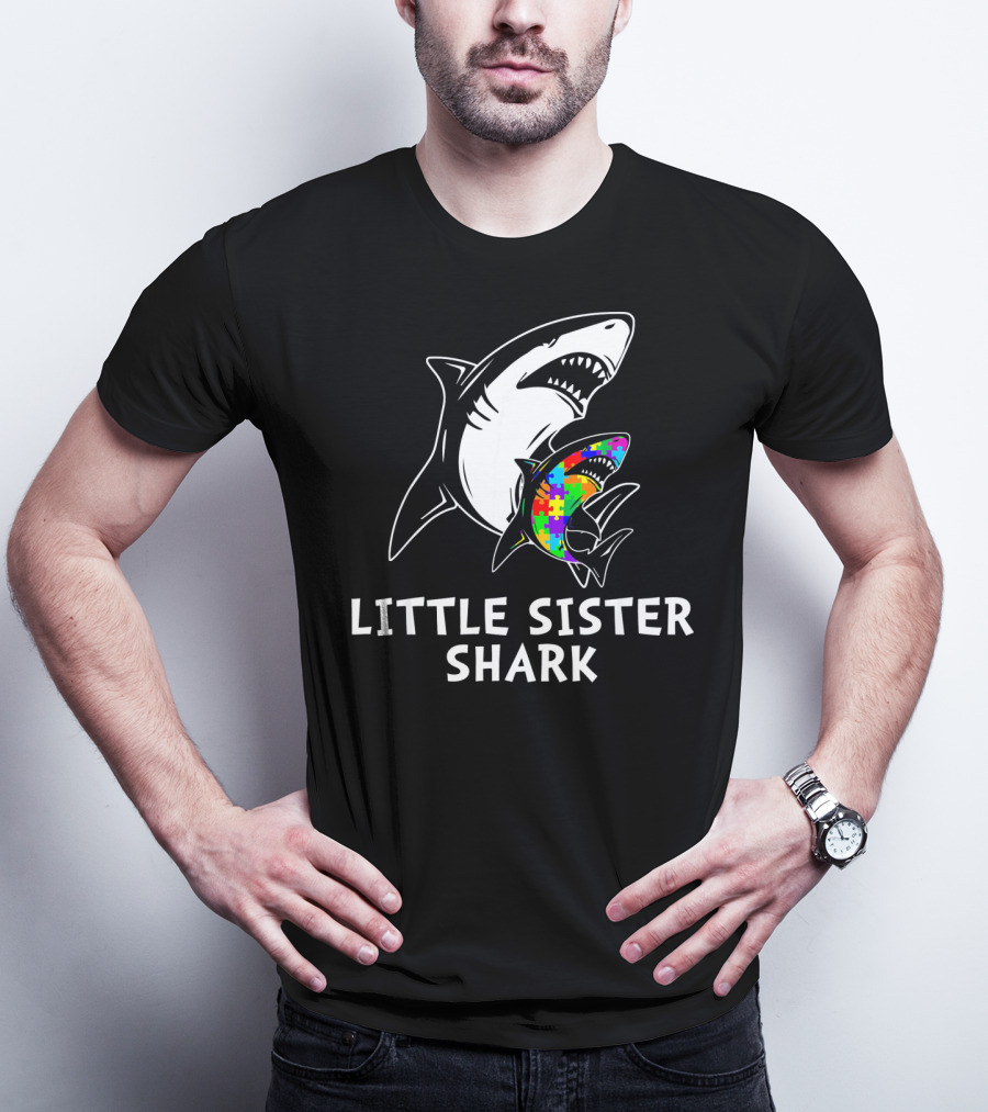 Little Sister Shark Autism Puzzle Awareness T-Shirt