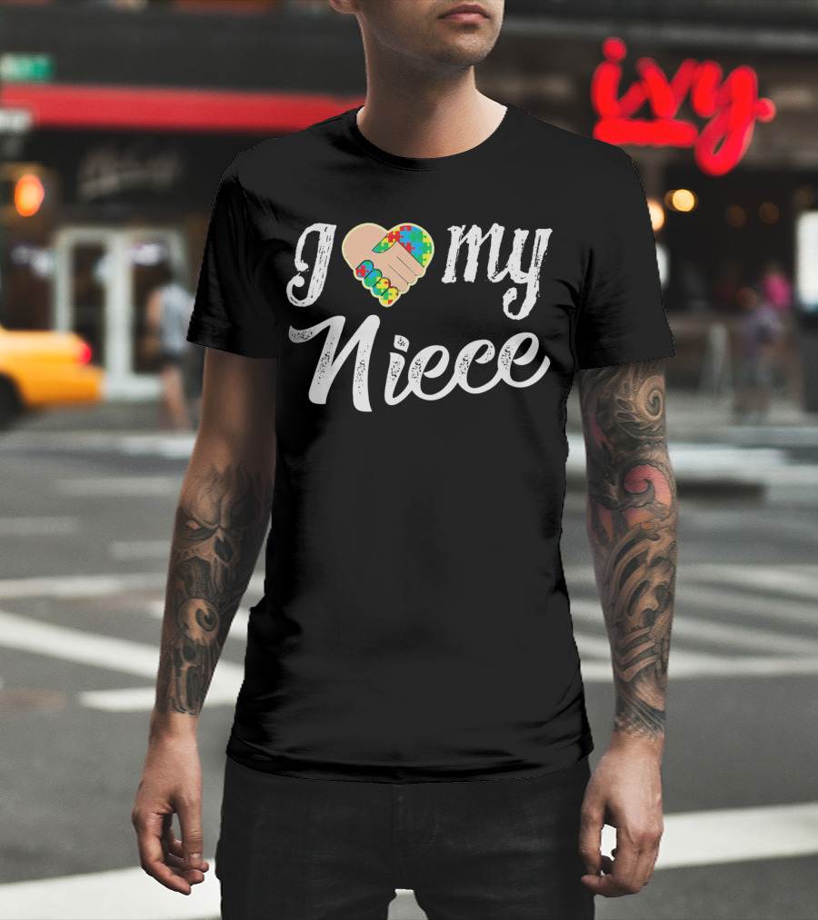 I Love My Niece Autism Puzzle Heart Fist T-Shirt