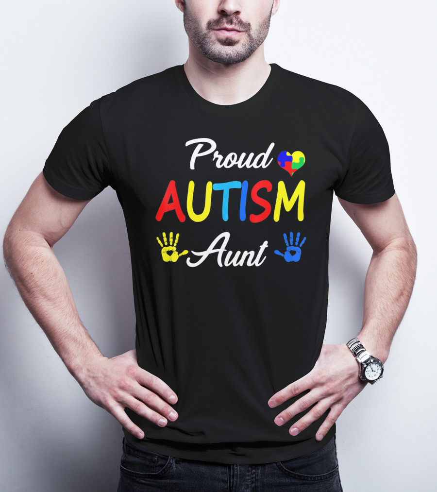 Proud Aunt Autism Awareness Family Handprint Heart Puzzle T-Shirt