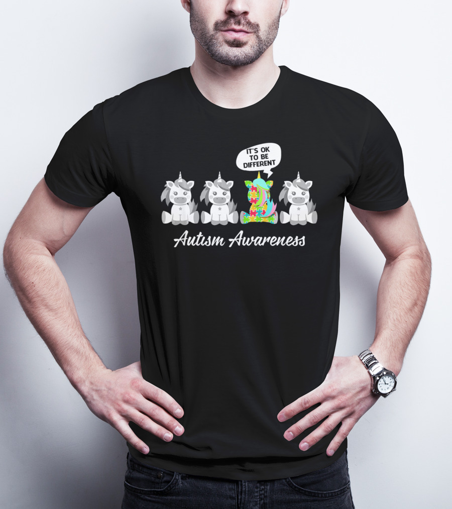Autism Awareness Unicorn It's OK To Be Different With Puzzle Piece T-Shirt
