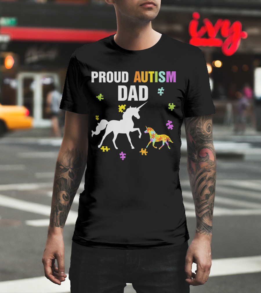 Proud Autism Dad Unicorn Puzzle Autism Awareness T-Shirt