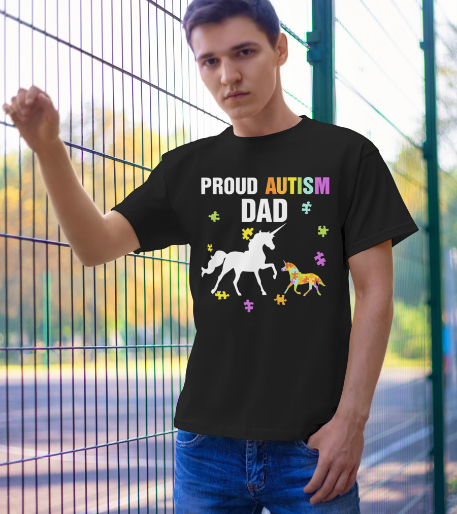 Proud Autism Dad Unicorn Puzzle Autism Awareness T-Shirt