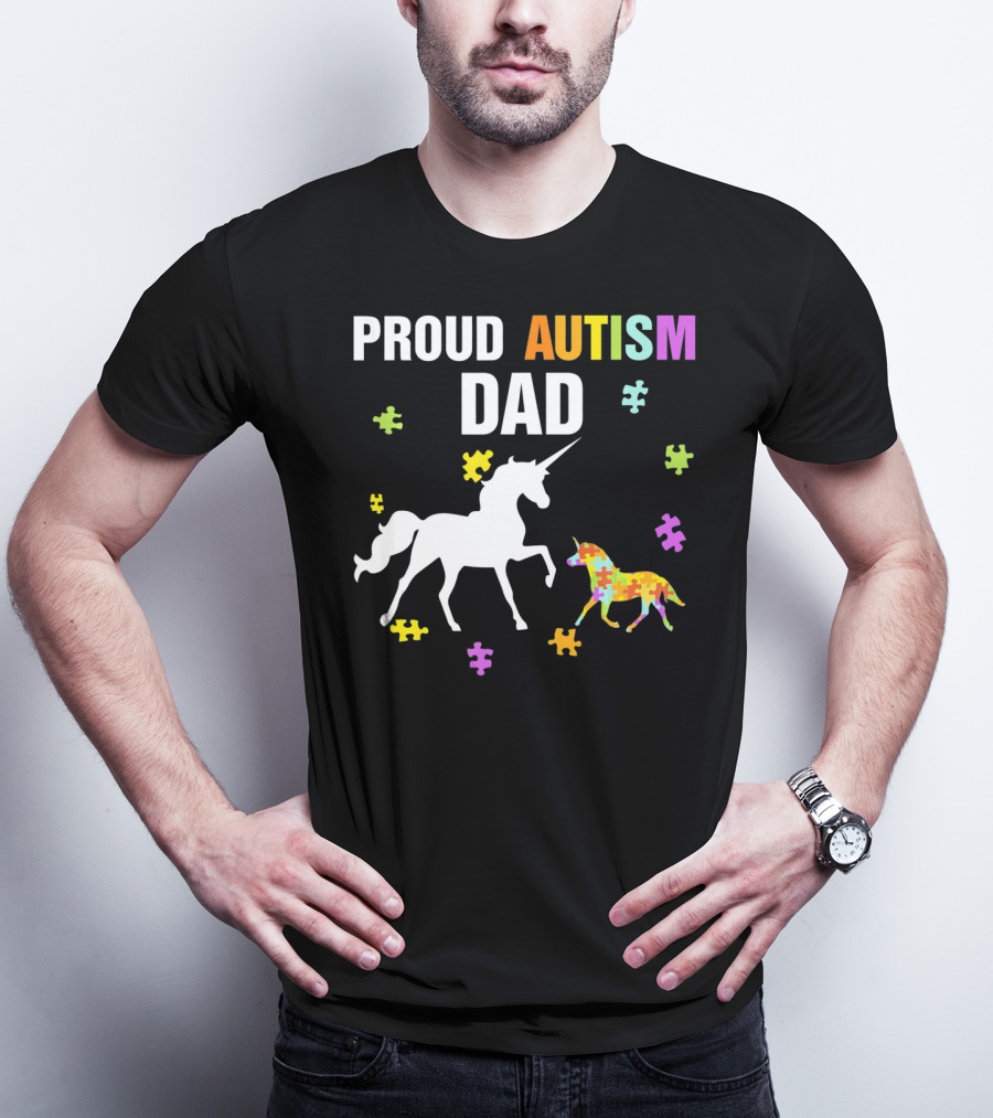 Proud Autism Dad Unicorn Puzzle Autism Awareness T-Shirt