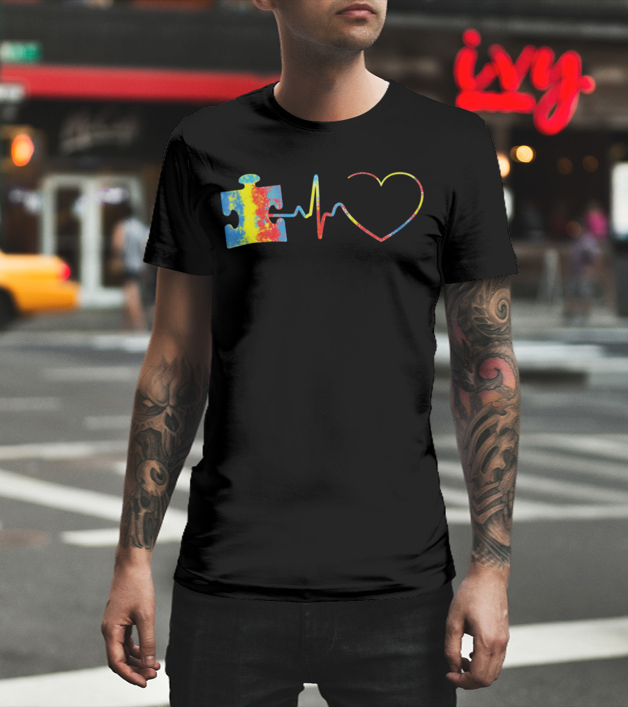 Autism Awareness Puzzle Piece With Colorful Heartbeat Line T-Shirt