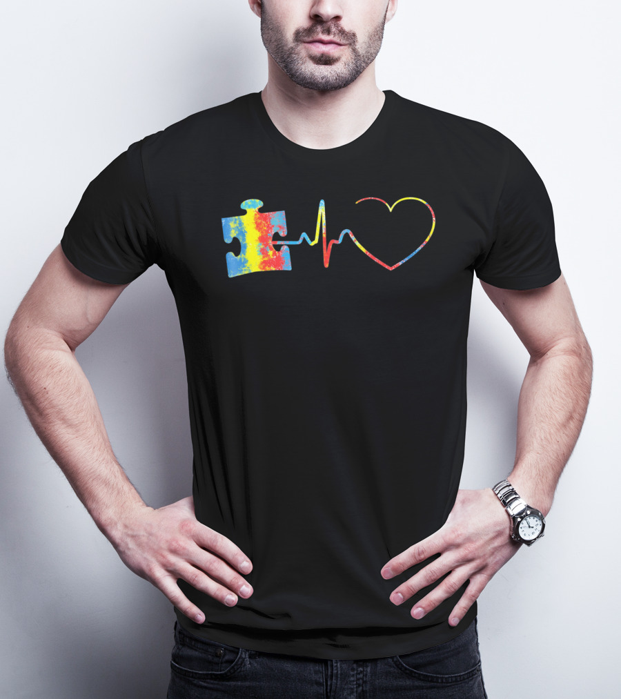 Autism Awareness Puzzle Piece With Colorful Heartbeat Line T-Shirt