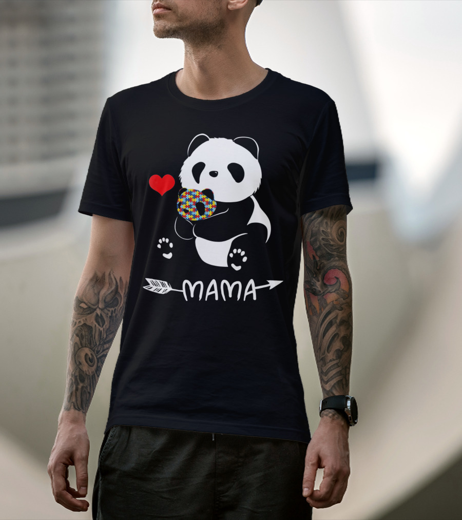 Mama Panda Bear Autism Awareness Heart Puzzle Support T-Shirt