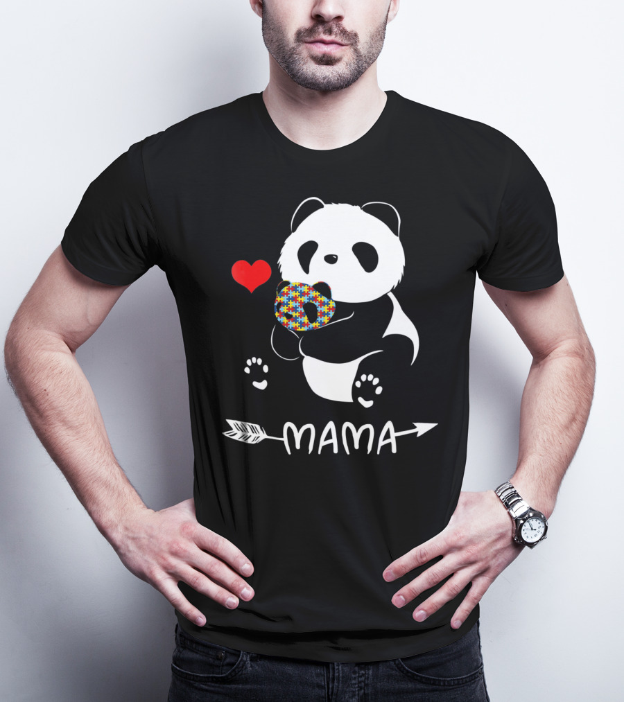 Mama Panda Bear Autism Awareness Heart Puzzle Support T-Shirt