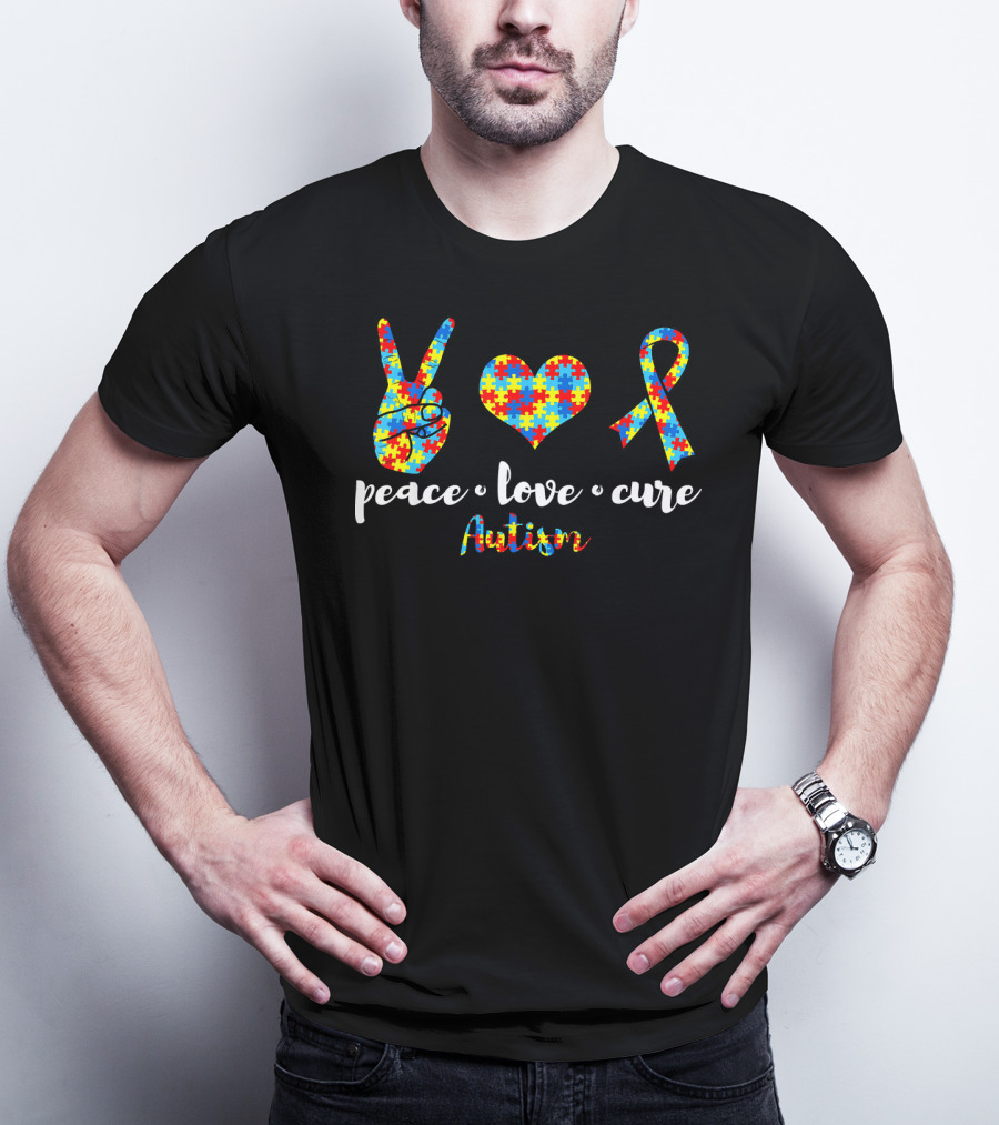 Peace Love Cure Autism Puzzle Ribbon Awareness Family T-Shirt