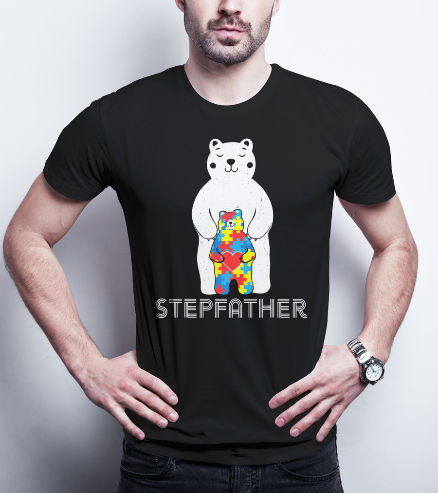 Stepfather Bear With Puzzle Pattern For Autism Awareness T-Shirt