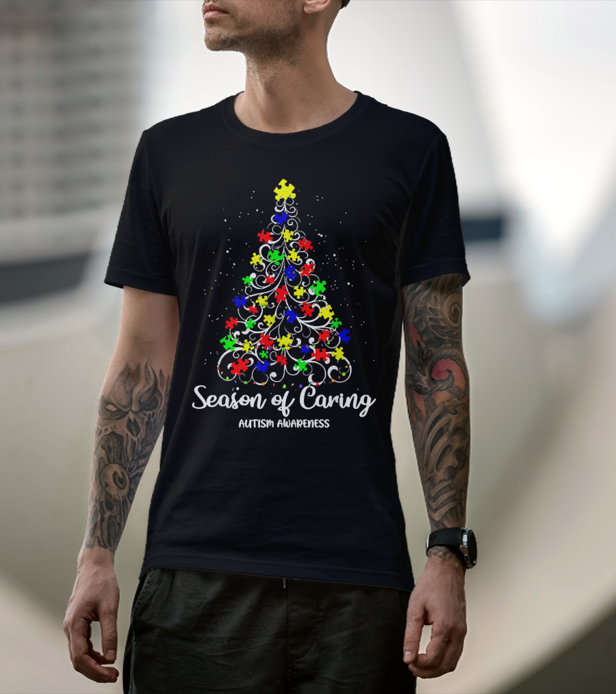 Season Of Caring Autism Awareness Puzzle Piece Christmas Tree T-Shirt