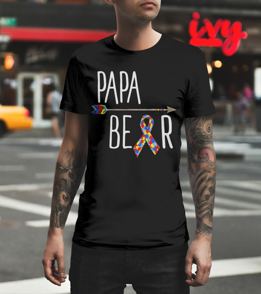 April Autism Awareness Papa Bear Puzzle Ribbon Arrow T-Shirt