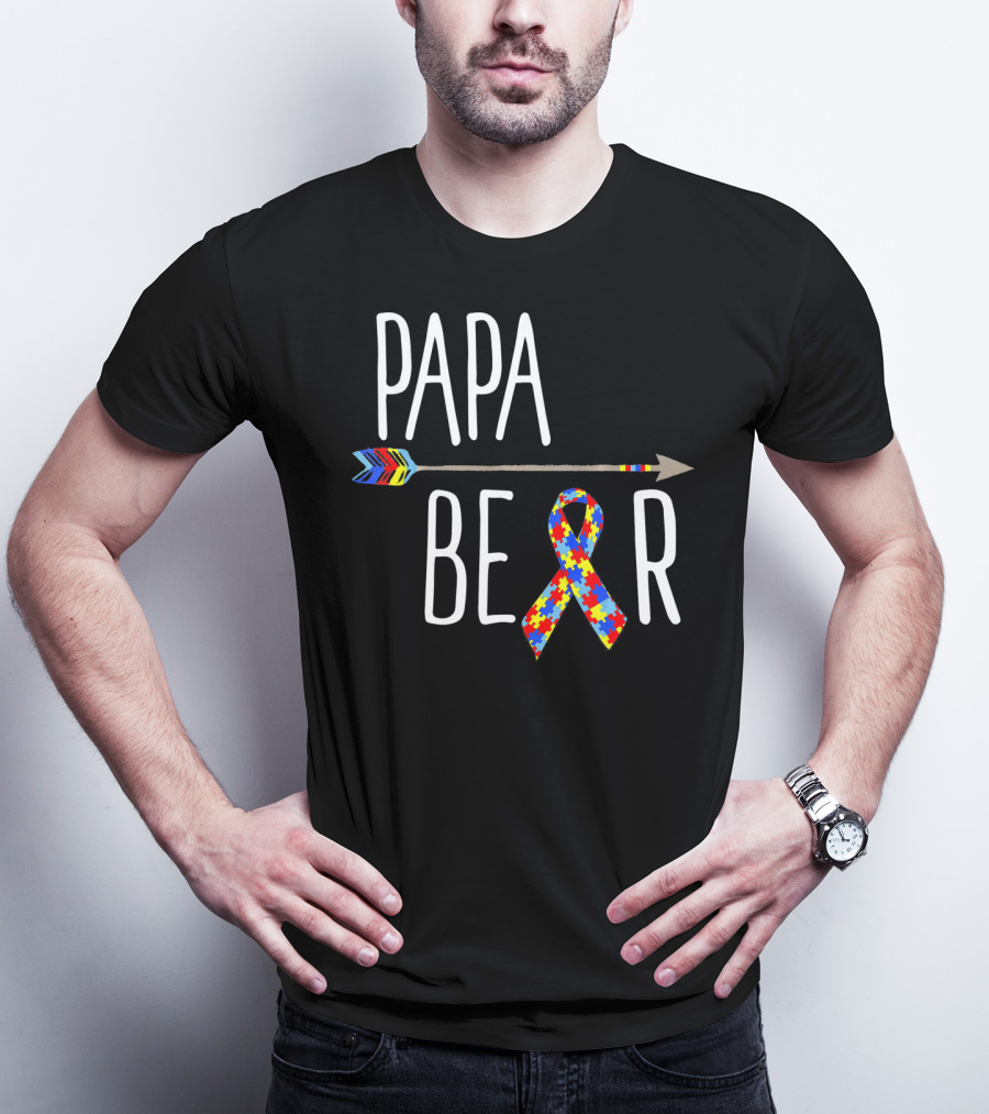 April Autism Awareness Papa Bear Puzzle Ribbon Arrow T-Shirt