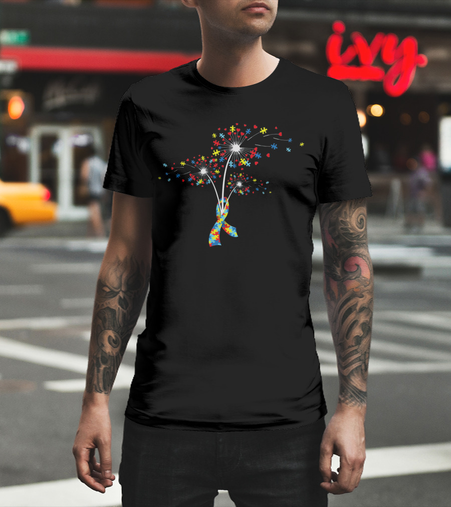 Autism Awareness Puzzle Pieces Ribbon And Flower Burst T-Shirt