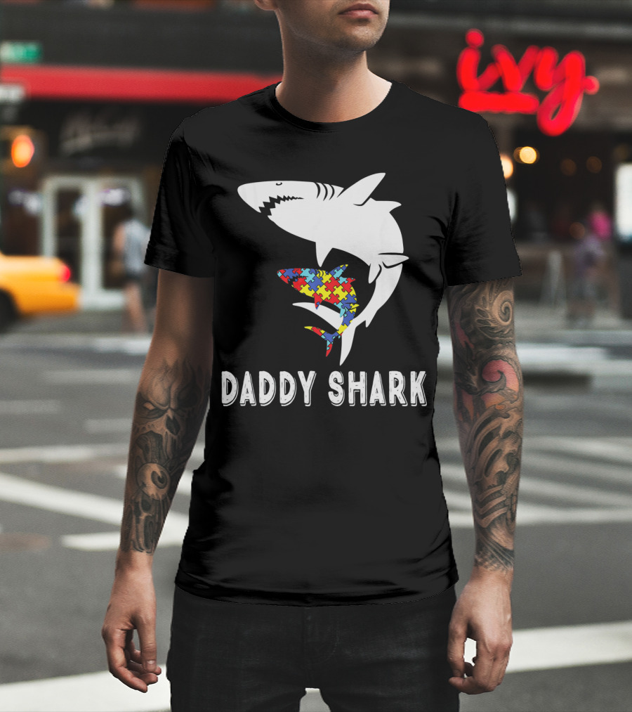 Daddy Shark Autism Awareness Puzzle Piece Sharks T-Shirt