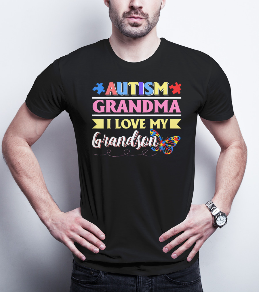 Autism Grandma I Love My Grandson Colorful Puzzle Butterfly T-Shirt