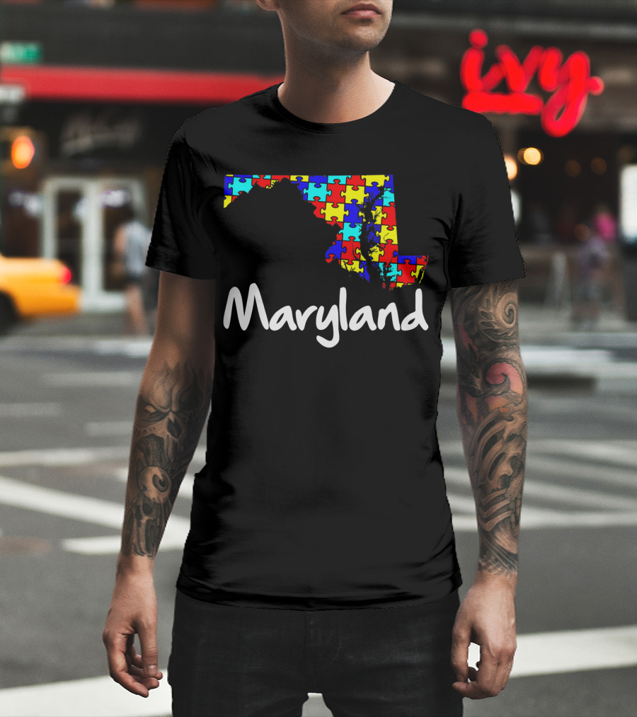 Maryland Puzzle Map Autism Awareness T-Shirt