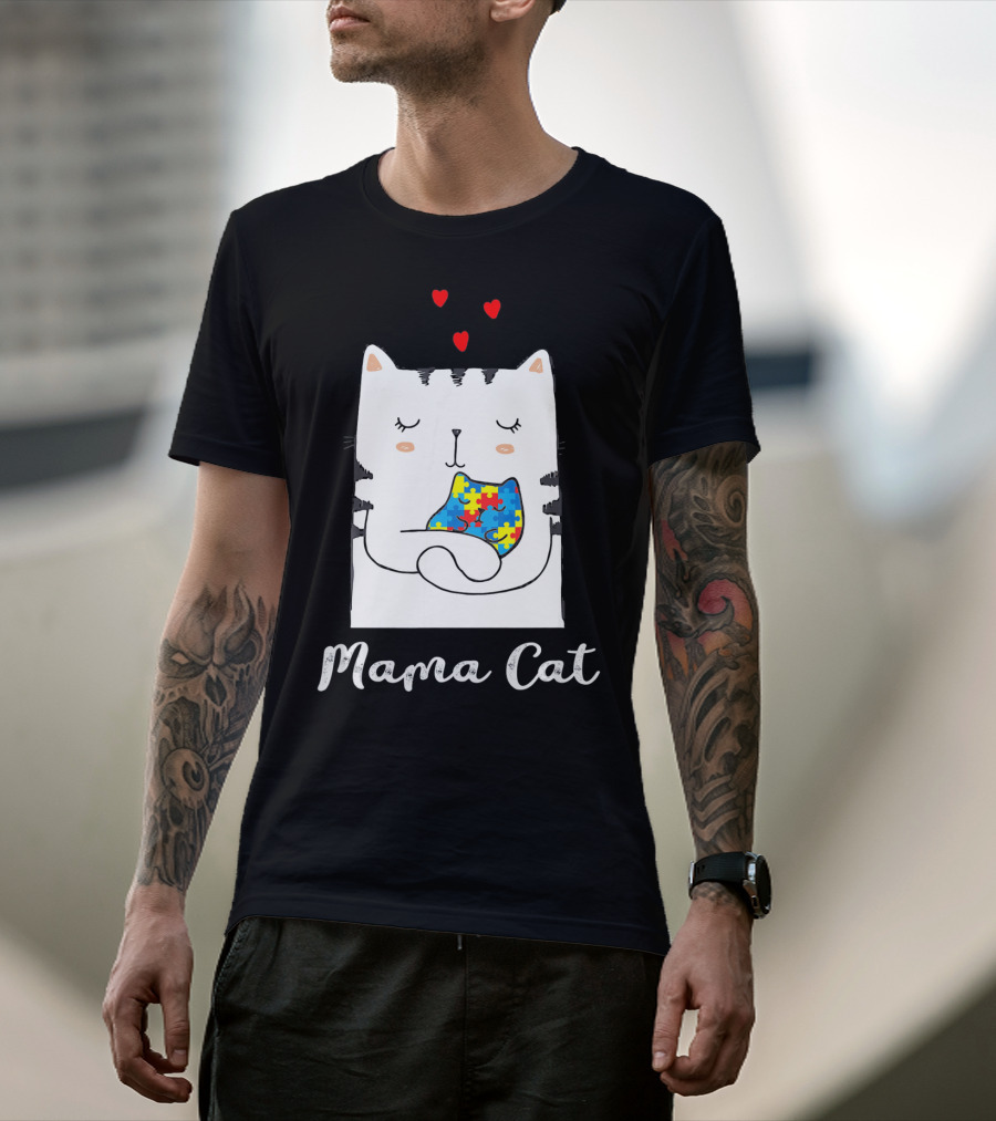 Proud Autism Awareness Mama Cat Hugging Puzzle Piece Hearts T-Shirt