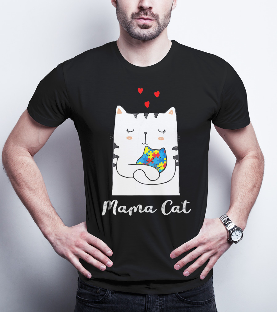 Proud Autism Awareness Mama Cat Hugging Puzzle Piece Hearts T-Shirt