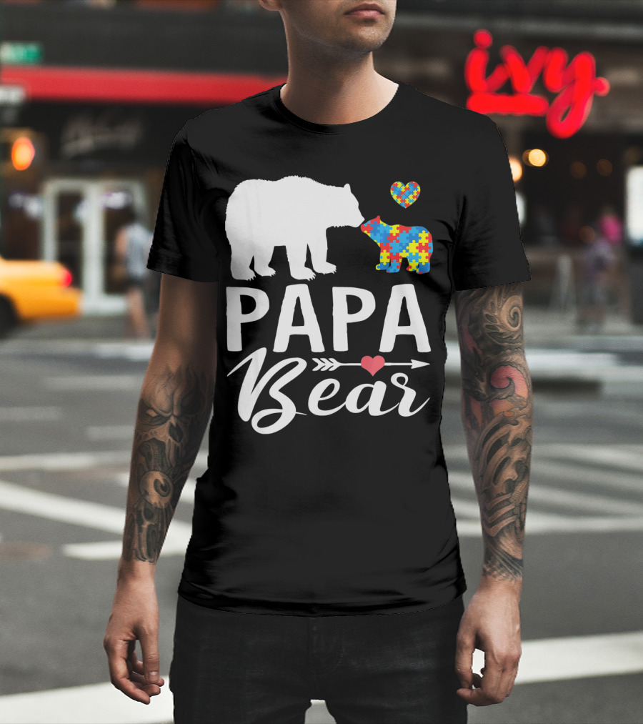 Papa Bear Autism Awareness Love Puzzle Heart Bear T-Shirt