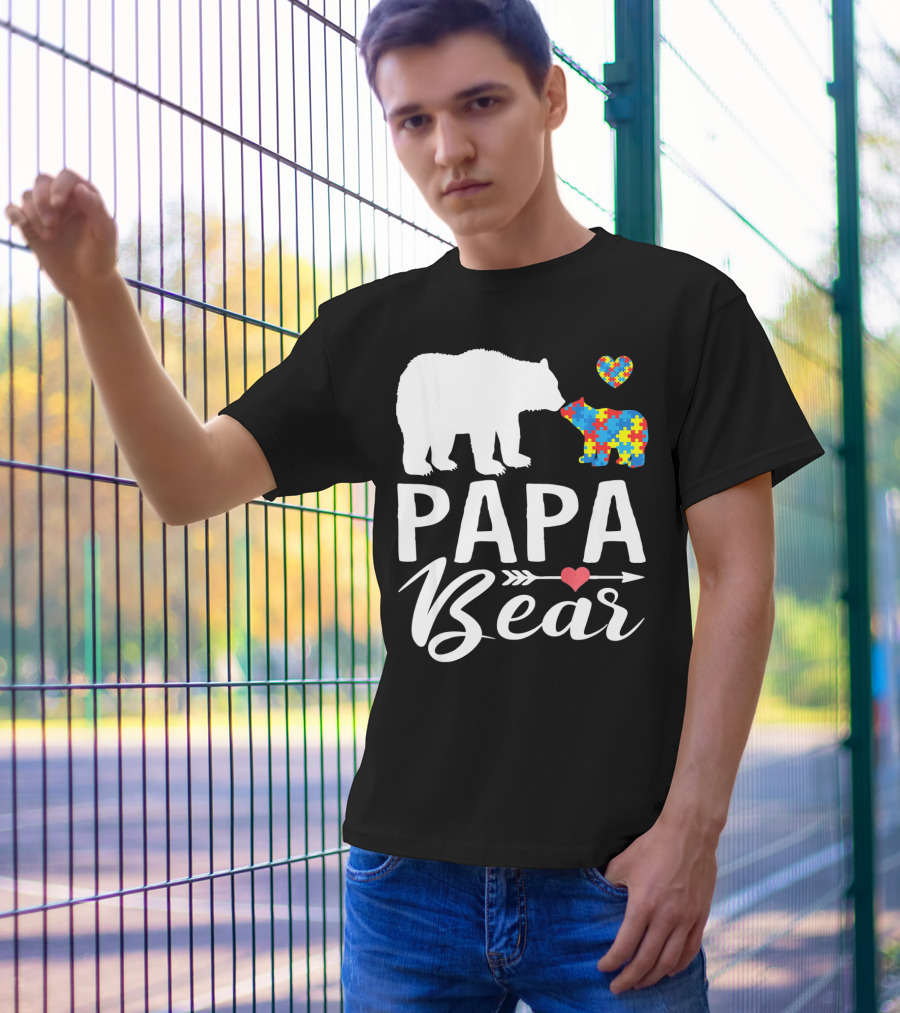 Papa Bear Autism Awareness Love Puzzle Heart Bear T-Shirt
