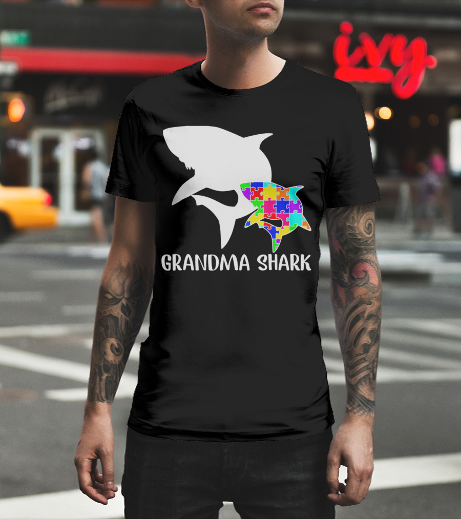 Grandma Shark Autism Awareness Puzzle Shark T-Shirt