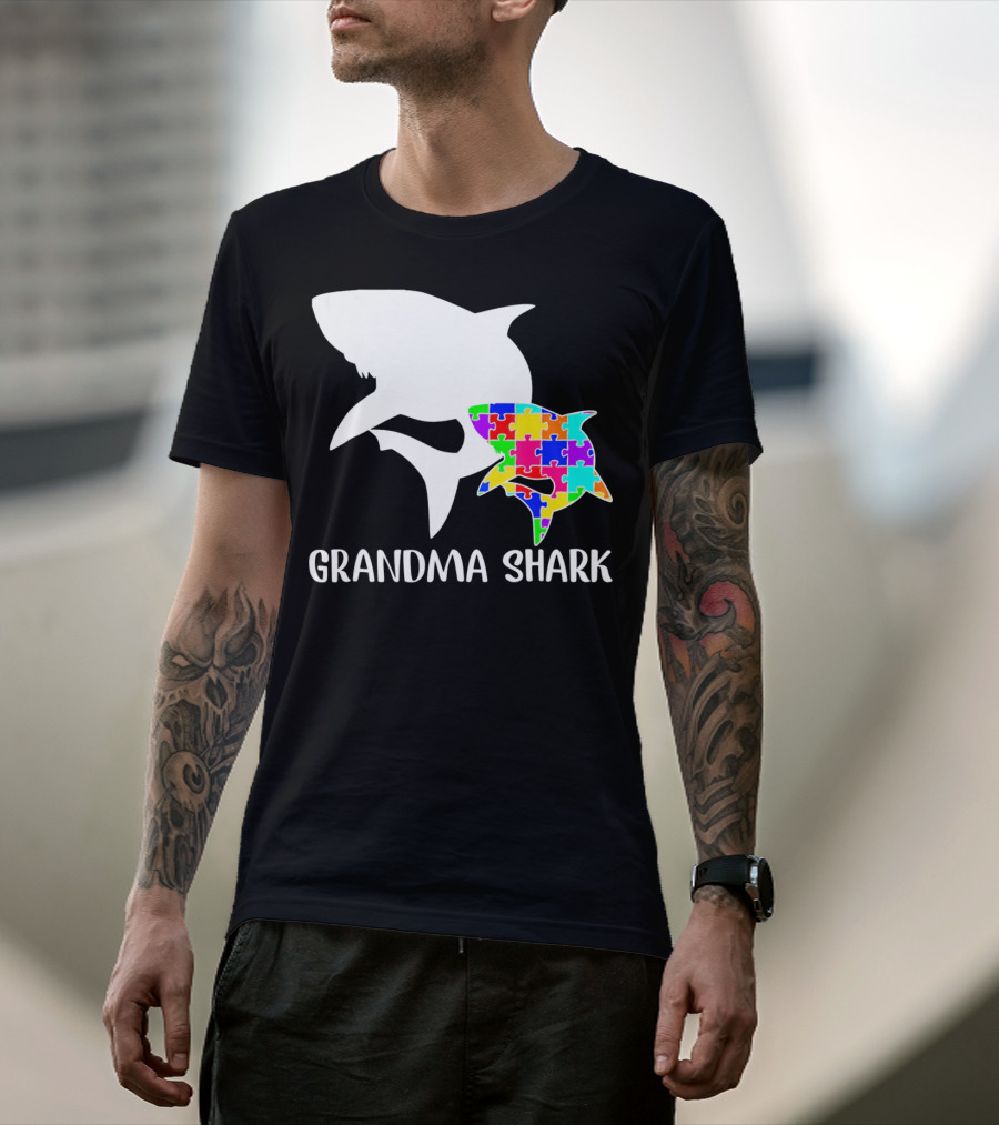 Grandma Shark Autism Awareness Puzzle Shark T-Shirt
