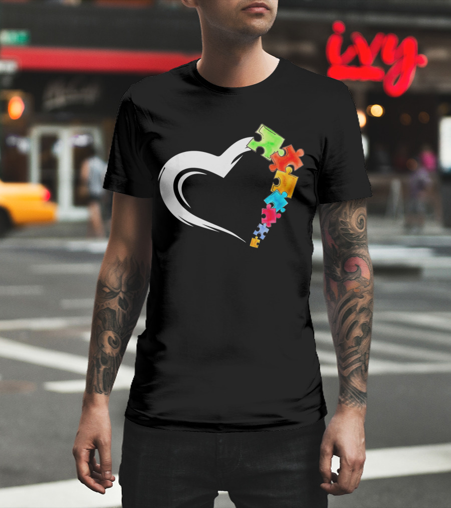 Autism Awareness Love Heart With Colorful Kind Puzzle Pieces T-Shirt