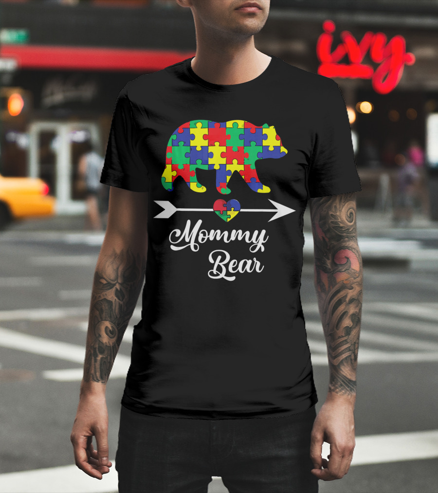 Mommy Bear With Puzzle Heart Autism Awareness T-Shirt