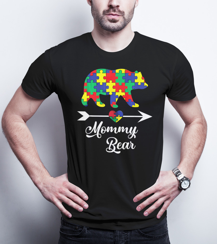Mommy Bear With Puzzle Heart Autism Awareness T-Shirt