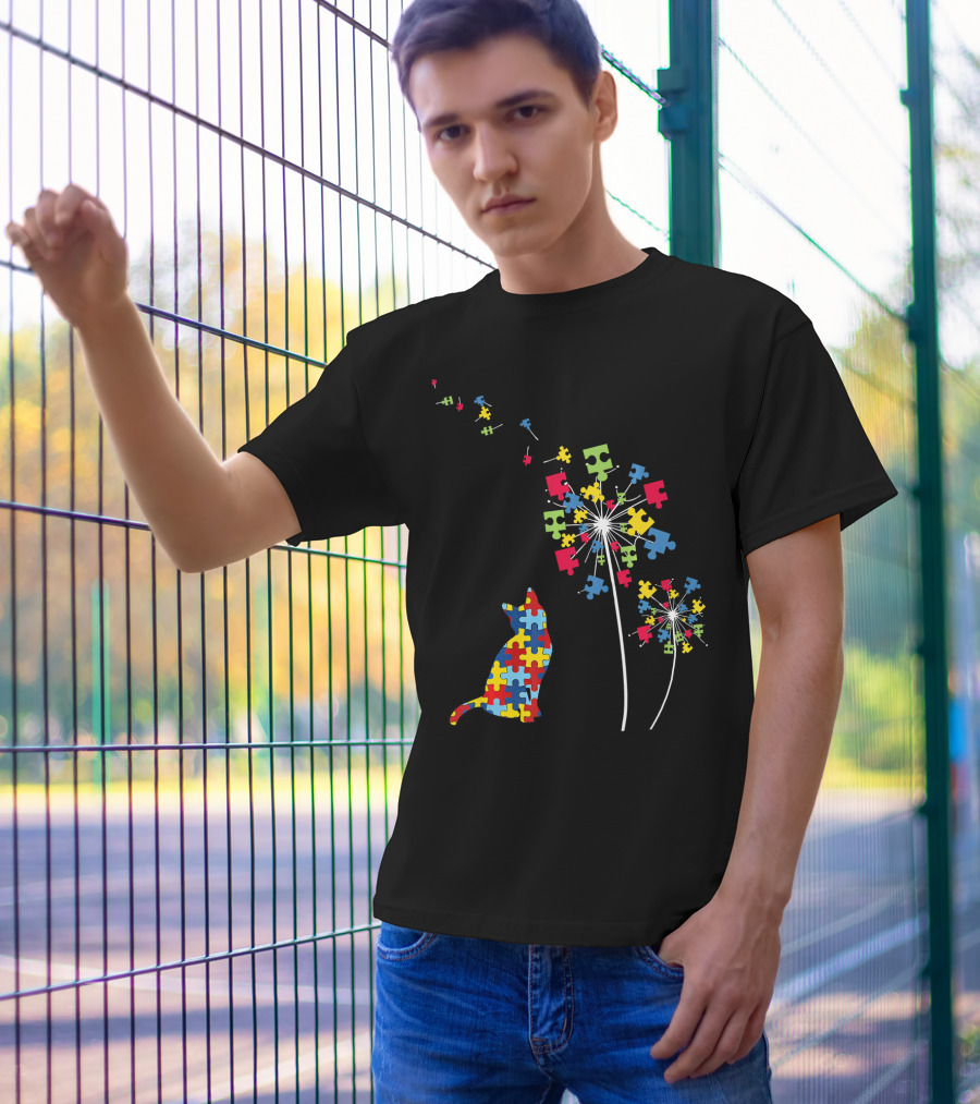 Colorful Puzzle Piece Cat And Dandelion Autism Awareness T-Shirt