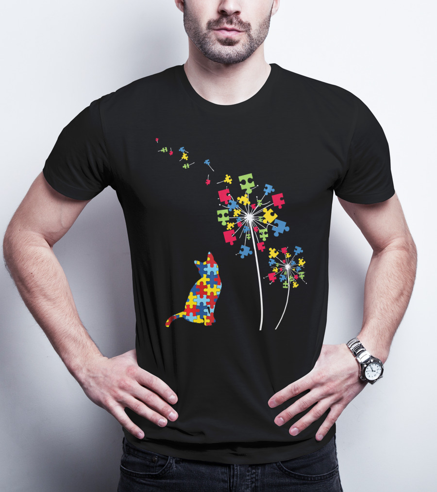 Colorful Puzzle Piece Cat And Dandelion Autism Awareness T-Shirt