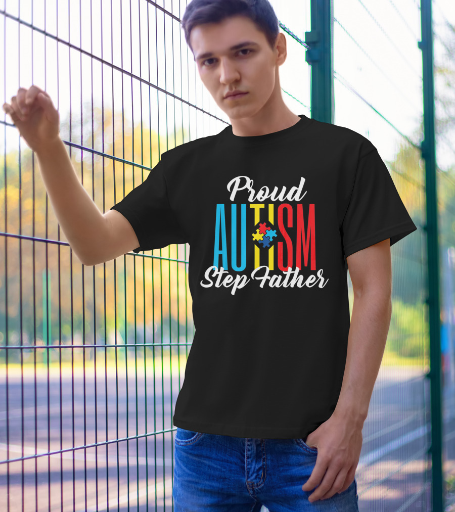 Proud Autism Step Father Puzzle Awareness Support T-Shirt