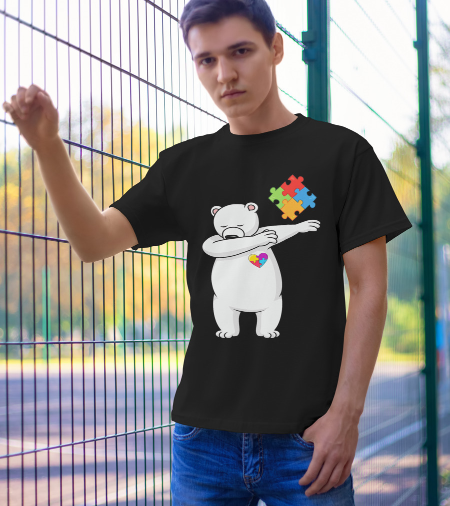 Dabbing Polar Bear Puzzle Piece Heart Autism Awareness T-Shirt