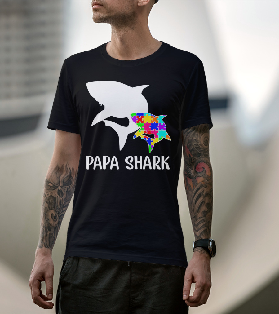 Papa Shark Autism Awareness Puzzle Shark T-Shirt
