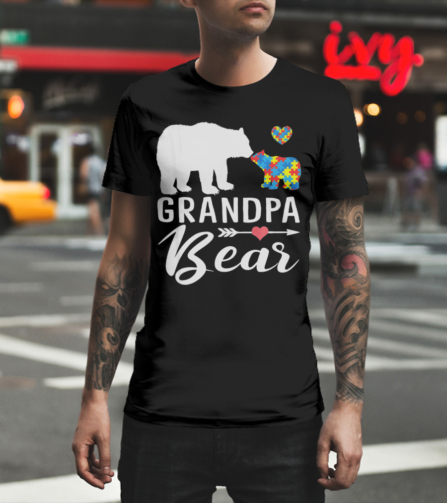 Grandpa Bear Autism Awareness Puzzle Heart Love T-Shirt