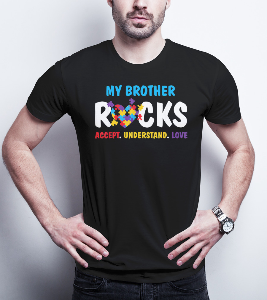 My Brother Rocks Accept Understand Love Puzzle Heart Autism Awareness T-Shirt