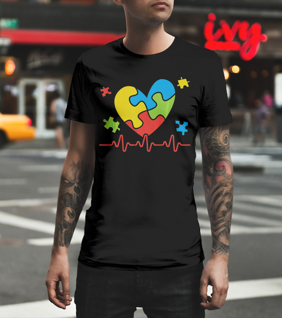 Autism Awareness Heart Puzzle Piece With Heartbeat Line T-Shirt