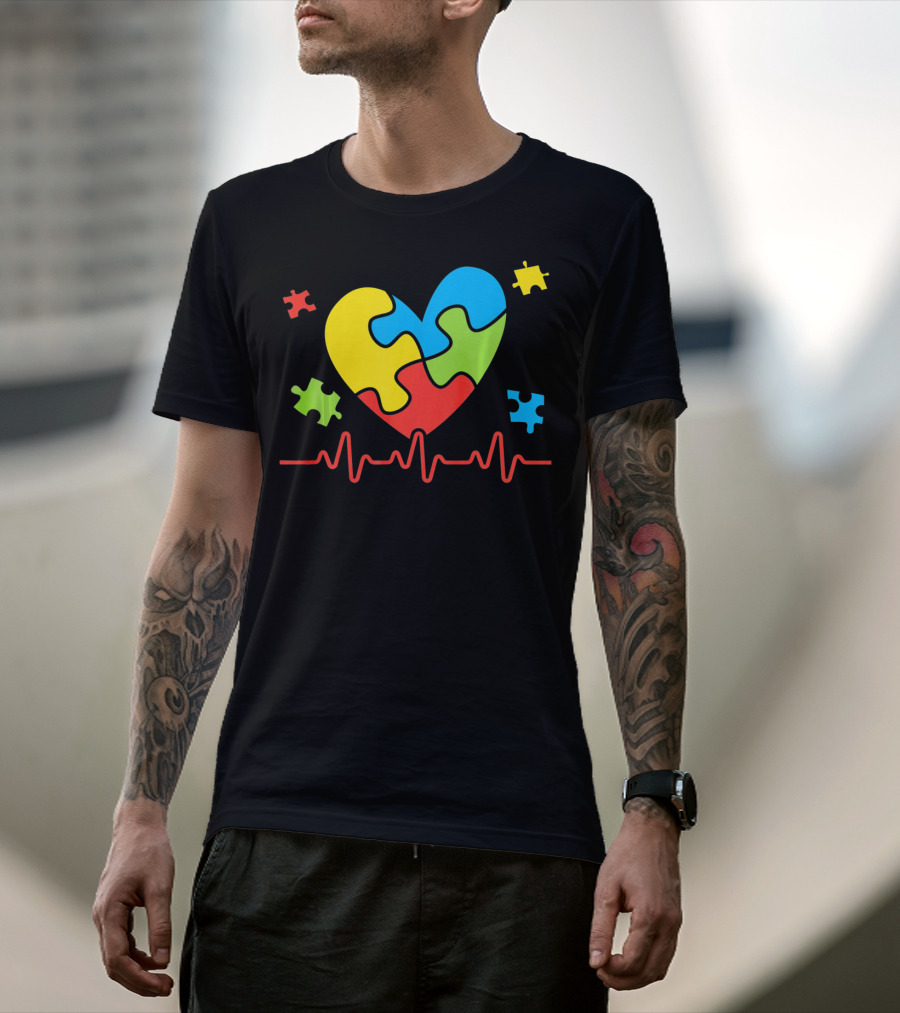 Autism Awareness Heart Puzzle Piece With Heartbeat Line T-Shirt