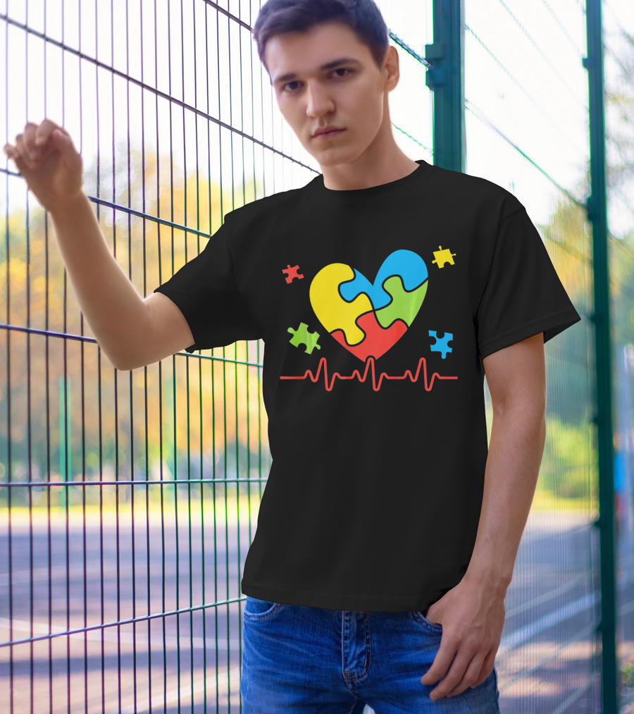 Autism Awareness Heart Puzzle Piece With Heartbeat Line T-Shirt