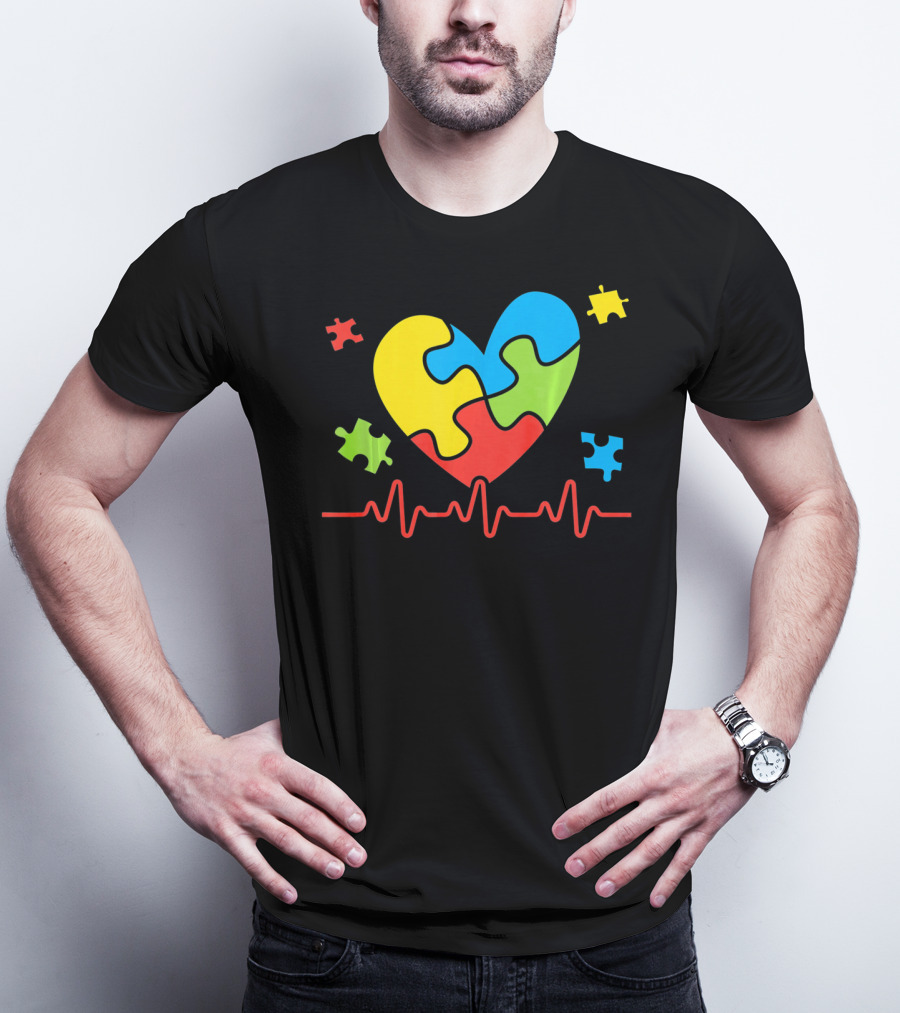 Autism Awareness Heart Puzzle Piece With Heartbeat Line T-Shirt