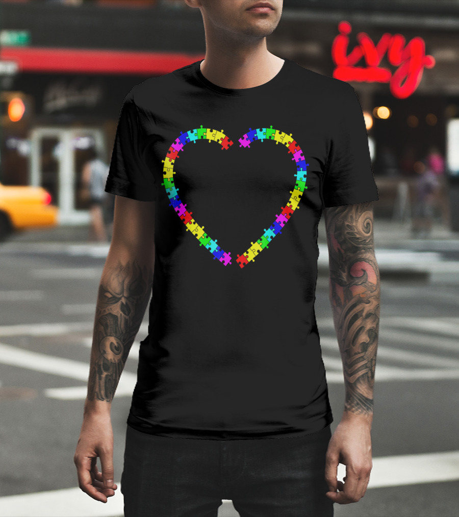 Autism Spectrum Awareness Puzzle Pieces Rainbow Heart T-Shirt