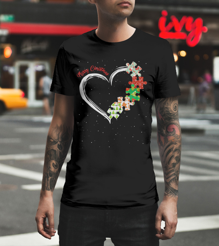 Merry Christmas Autism Awareness Heart Puzzle T-Shirt