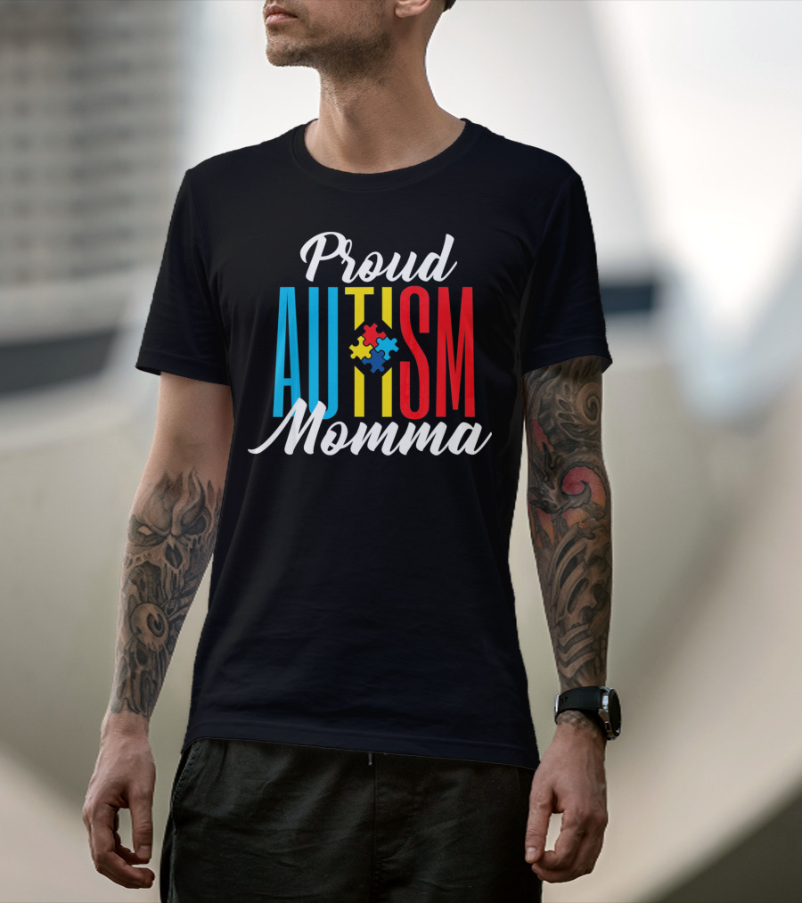 Proud Autism Momma Awareness Puzzle Pieces T-Shirt