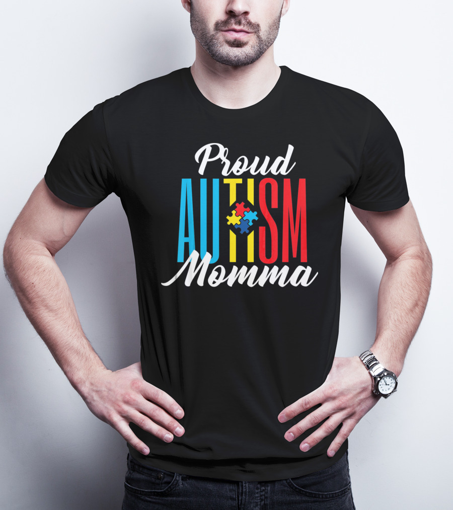 Proud Autism Momma Awareness Puzzle Pieces T-Shirt