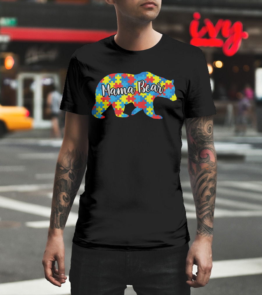 Mama Bear Autism Awareness Puzzle Pattern Love Support T-Shirt