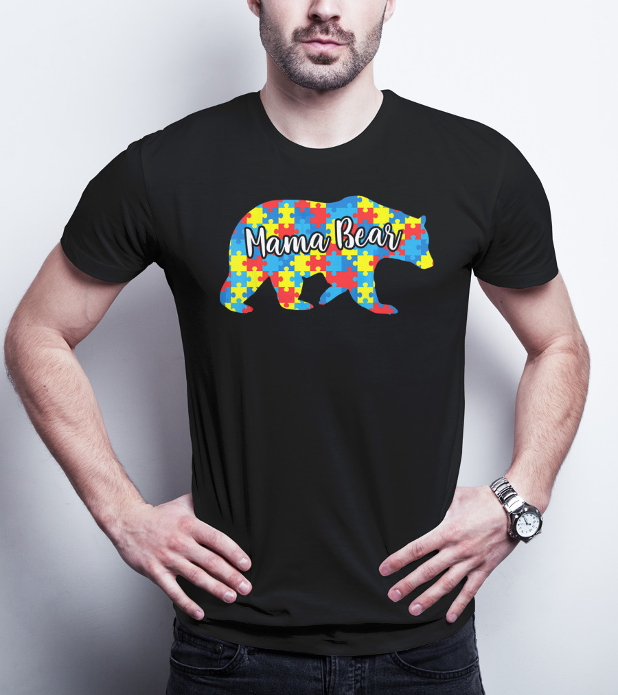 Mama Bear Autism Awareness Puzzle Pattern Love Support T-Shirt