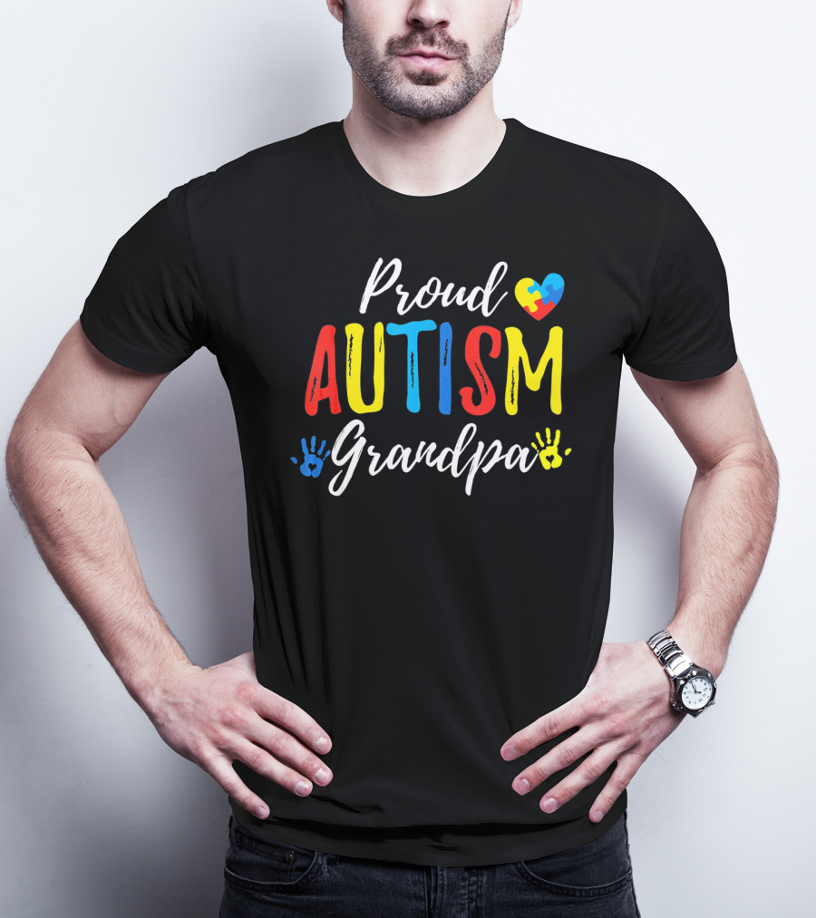 Proud Grandpa Autism Puzzle Heart Handprints T-Shirt