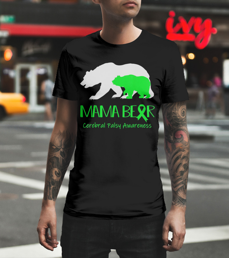 Mama Bear Cerebral Palsy Awareness Green Ribbon Bears T-Shirt